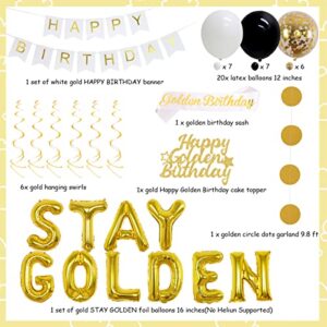 Stay Golden Birthday Party Decoration Happy Birthday Banner Decoration Happy Golden Birthday Cake Topper Stay Golden Balloons Sash for Boy Girl Adults Gold Hanging Swirl Circle Dots Garland Decor