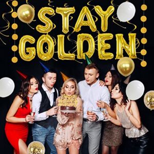 Stay Golden Birthday Party Decoration Happy Birthday Banner Decoration Happy Golden Birthday Cake Topper Stay Golden Balloons Sash for Boy Girl Adults Gold Hanging Swirl Circle Dots Garland Decor