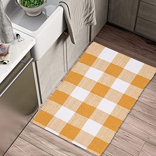 Buffalo Plaid Rugs for Living Room 24x36 inch-Mustard White, Kitchen Rugs,Entry Way Rugs, Door Rugs, Area Rugs,Farmhouse Bath Room Rugs,Buffalo Check Rugs,Woven Rag,2x3 Rugs,Revirsible Rugs Cotton