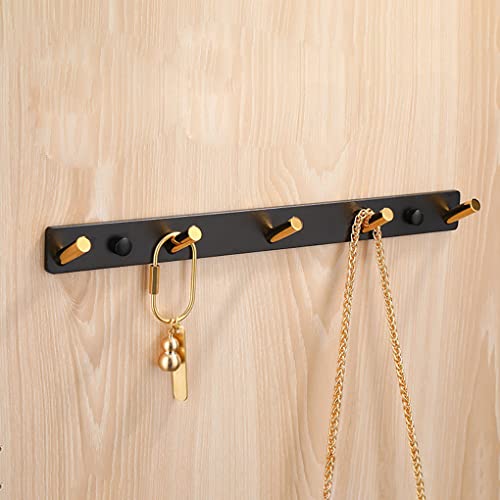 Estrend Wall Mounted Coat Rack Adhesive & Screw in Aluminium Entryway Rack Black and Gold Robe Towel Hooks, 5 Hooks, 13.4"