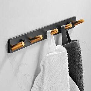 Estrend Wall Mounted Coat Rack Adhesive & Screw in Aluminium Entryway Rack Black and Gold Robe Towel Hooks, 5 Hooks, 13.4"