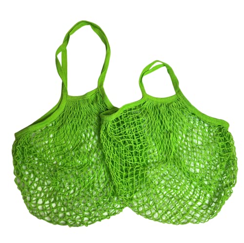 Modo Reusable (2 Pack) String Cotton Net Shopping Bags 1 Short & 1 Long Handle Bag Multipurpose Toys Storage (Neon Green)