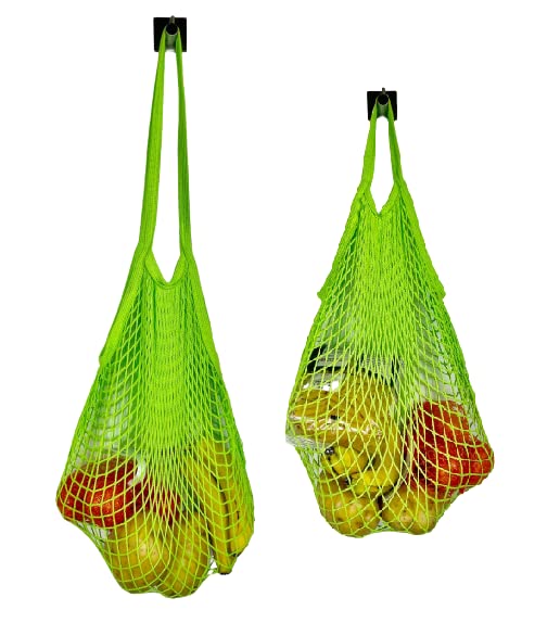 Modo Reusable (2 Pack) String Cotton Net Shopping Bags 1 Short & 1 Long Handle Bag Multipurpose Toys Storage (Neon Green)