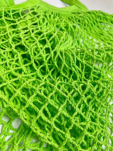 Modo Reusable (2 Pack) String Cotton Net Shopping Bags 1 Short & 1 Long Handle Bag Multipurpose Toys Storage (Neon Green)