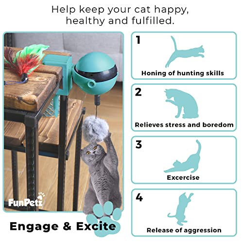 FunPetz Interactive Cat Toys for Indoor Cats - Automatic 2-in-1 Feather Cats Toys for Endless Play - Electronic Kitten Toys with Smart Shut-Off - Robotic Pet Toys with Feather Replacements