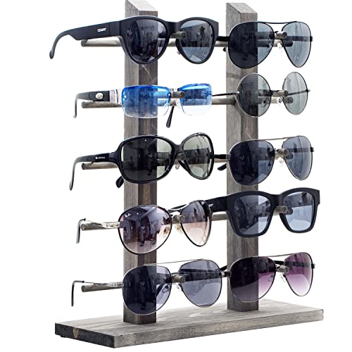 MyGift Sunglasses Display Stand, Vintage Gray Wood Tabletop Eyeglass Storage Rack, Holds up to 10 Pairs of Eyewear