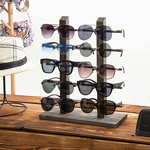 MyGift Sunglasses Display Stand, Vintage Gray Wood Tabletop Eyeglass Storage Rack, Holds up to 10 Pairs of Eyewear