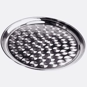 18" stainless steel round tray with swirl pattern, serving / display tray with narrow rim by tezzorio