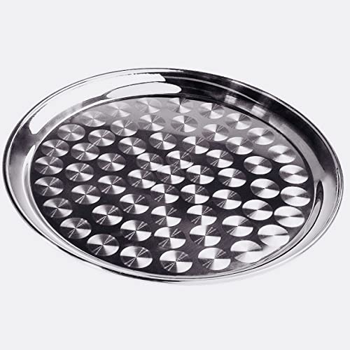 18" Stainless Steel Round Tray with Swirl Pattern, Serving / Display Tray with Narrow Rim by Tezzorio