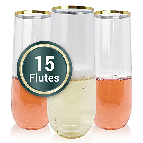 Reli. (15 Pack Plastic Champagne Flutes 9 Oz, Clear w/Gold Rim | Stemless Plastic Mimosa Glasses/Flutes | Disposable, BPA-Free, Shatterproof Cups |Perfect for Mimosa/Champagne, Cocktails, Wedding