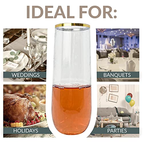 Reli. (15 Pack Plastic Champagne Flutes 9 Oz, Clear w/Gold Rim | Stemless Plastic Mimosa Glasses/Flutes | Disposable, BPA-Free, Shatterproof Cups |Perfect for Mimosa/Champagne, Cocktails, Wedding