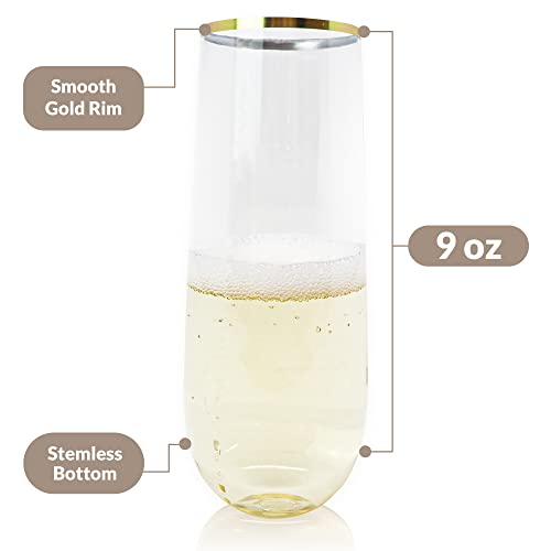 Reli. (15 Pack Plastic Champagne Flutes 9 Oz, Clear w/Gold Rim | Stemless Plastic Mimosa Glasses/Flutes | Disposable, BPA-Free, Shatterproof Cups |Perfect for Mimosa/Champagne, Cocktails, Wedding