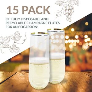 Reli. (15 Pack Plastic Champagne Flutes 9 Oz, Clear w/Gold Rim | Stemless Plastic Mimosa Glasses/Flutes | Disposable, BPA-Free, Shatterproof Cups |Perfect for Mimosa/Champagne, Cocktails, Wedding