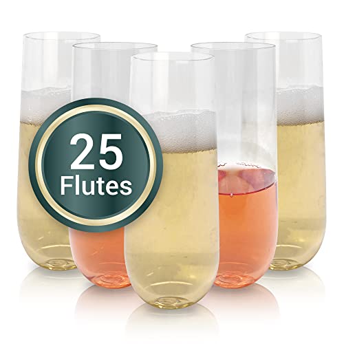 Reli. |25 Pack| Plastic Champagne Flutes 9 Oz, Clear | Stemless Plastic Mimosa Glasses/Flutes | Disposable, BPA-Free, Shatterproof Cups |Perfect for Mimosa/Champagne, Cocktails, Wedding/Party Toasting