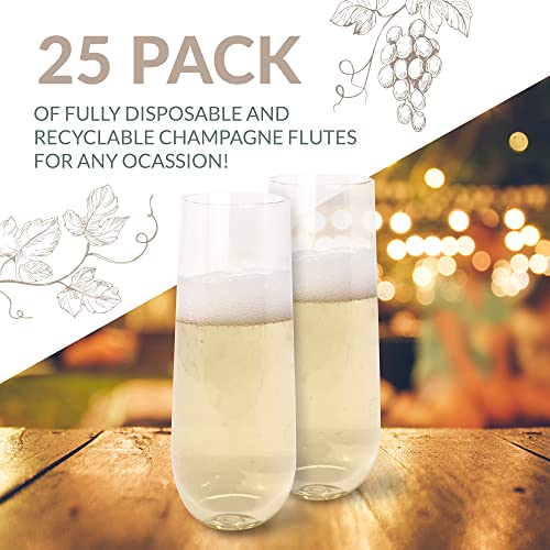 Reli. |25 Pack| Plastic Champagne Flutes 9 Oz, Clear | Stemless Plastic Mimosa Glasses/Flutes | Disposable, BPA-Free, Shatterproof Cups |Perfect for Mimosa/Champagne, Cocktails, Wedding/Party Toasting