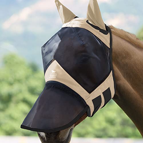 Harrison Howard Pro Luminous Horse Fly Mask Long Nose with Ears UV Protection for Horse Light Champagne Large Full Size