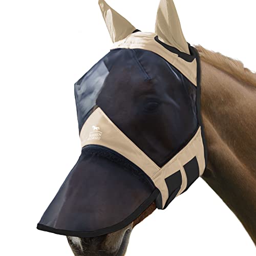 Harrison Howard Pro Luminous Horse Fly Mask Long Nose with Ears UV Protection for Horse Light Champagne Large Full Size