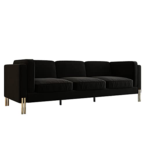 Hommoo 94" W 3 Seat Couch Mid Century Velvet Sofa with Metal Gold Legs Chesterfield with Removable Cushion Comfortable Sofa Couch for Small Apartment Living Room Bedroom Black