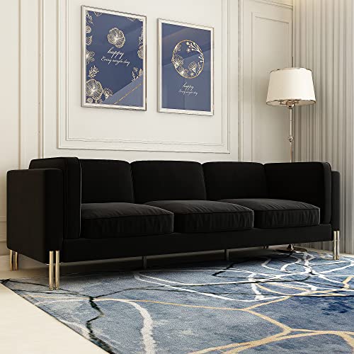 Hommoo 94" W 3 Seat Couch Mid Century Velvet Sofa with Metal Gold Legs Chesterfield with Removable Cushion Comfortable Sofa Couch for Small Apartment Living Room Bedroom Black