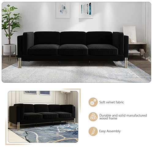 Hommoo 94" W 3 Seat Couch Mid Century Velvet Sofa with Metal Gold Legs Chesterfield with Removable Cushion Comfortable Sofa Couch for Small Apartment Living Room Bedroom Black