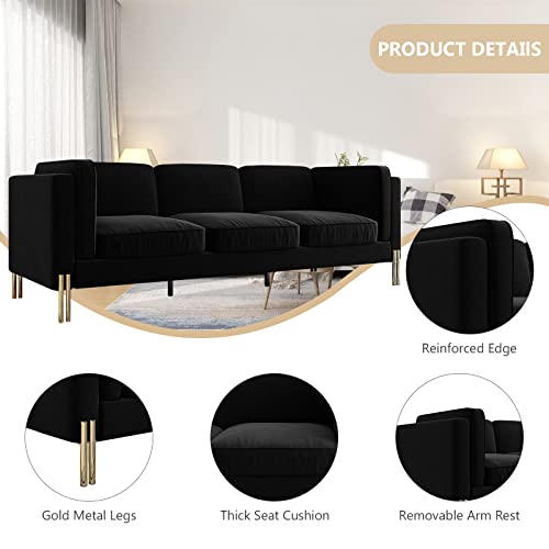 Hommoo 94" W 3 Seat Couch Mid Century Velvet Sofa with Metal Gold Legs Chesterfield with Removable Cushion Comfortable Sofa Couch for Small Apartment Living Room Bedroom Black