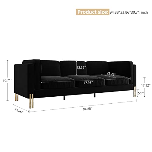 Hommoo 94" W 3 Seat Couch Mid Century Velvet Sofa with Metal Gold Legs Chesterfield with Removable Cushion Comfortable Sofa Couch for Small Apartment Living Room Bedroom Black