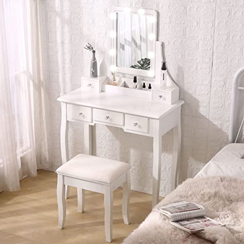 Fameill Makeup Vanity with Lights White Vanity Desk Lighted Mirror Makeup Vanity Table Set with Drawers 3 Color Modes Adjustable Brightness Dressing Table for Bedroom