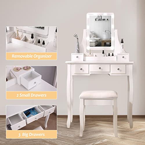 Fameill Makeup Vanity with Lights White Vanity Desk Lighted Mirror Makeup Vanity Table Set with Drawers 3 Color Modes Adjustable Brightness Dressing Table for Bedroom