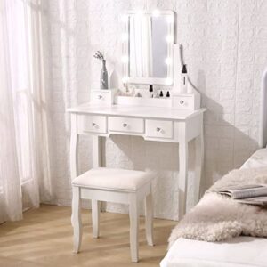 Fameill Makeup Vanity with Lights White Vanity Desk Lighted Mirror Makeup Vanity Table Set with Drawers 3 Color Modes Adjustable Brightness Dressing Table for Bedroom