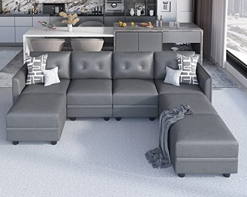 LLappuil Modular Sectional Sofa with Reversible Chaise, Faux Leather Fabric 7 Seater Modular Sofa with Storage, Convertible U Shape Sectional Couch with Ottomans, Dark Grey