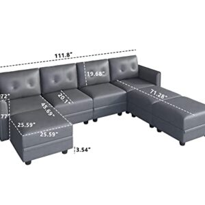 LLappuil Modular Sectional Sofa with Reversible Chaise, Faux Leather Fabric 7 Seater Modular Sofa with Storage, Convertible U Shape Sectional Couch with Ottomans, Dark Grey