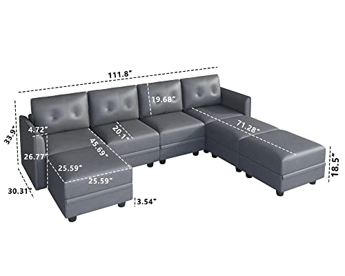 LLappuil Modular Sectional Sofa with Reversible Chaise, Faux Leather Fabric 7 Seater Modular Sofa with Storage, Convertible U Shape Sectional Couch with Ottomans, Dark Grey