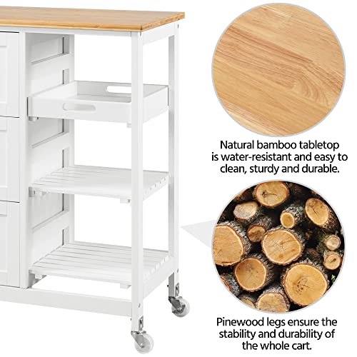 Yaheetech Kitchen Island Cart on Wheels with 3 Drawers and 3 Open Shelves, Rolling Kitchen Island Coffee Bar Trolley with Bamboo Countertop, Removable Tray & Lockable Casters for Dining Room, White