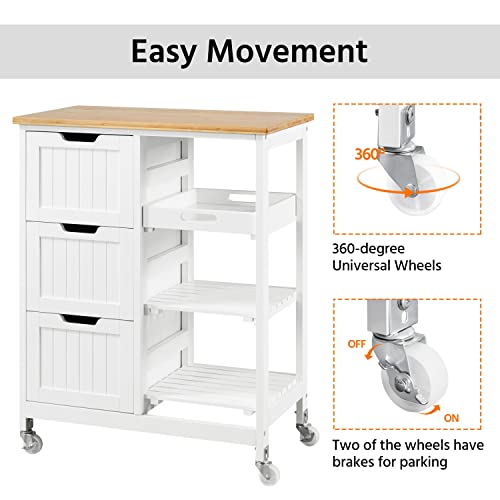 Yaheetech Kitchen Island Cart on Wheels with 3 Drawers and 3 Open Shelves, Rolling Kitchen Island Coffee Bar Trolley with Bamboo Countertop, Removable Tray & Lockable Casters for Dining Room, White