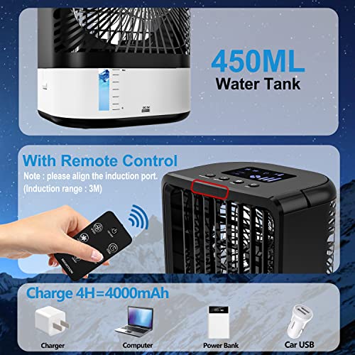 Portable Air Conditioners AC - Mini Air Conditioner, Personal Air Conditioner, 4000mAh Battery for Camping, Car, with Remote Control Night Light & Timing