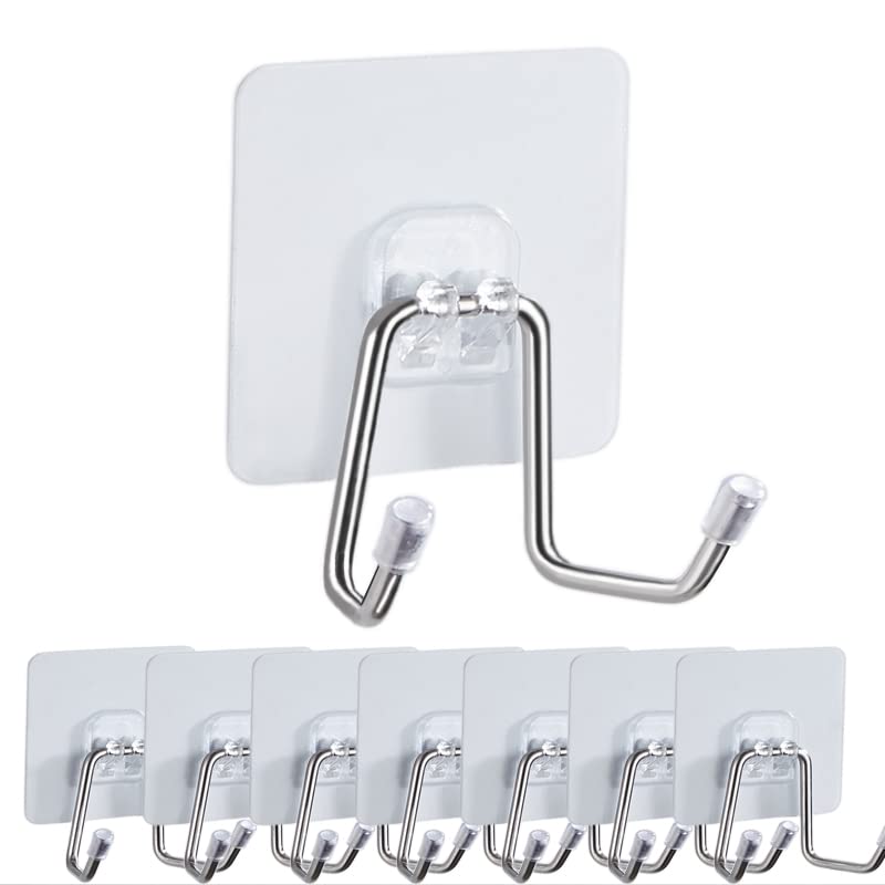 8 Pieces Adhesive Hooks Wall Hooks for Hanging,Heavy Duty Wall Hangers Without Nails,Double Hook Design Hooks for Bathroom Kitchen,Home.40 Lb(Max) (White)