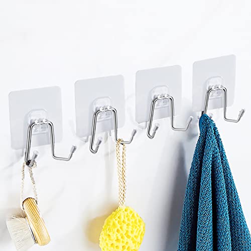 8 Pieces Adhesive Hooks Wall Hooks for Hanging,Heavy Duty Wall Hangers Without Nails,Double Hook Design Hooks for Bathroom Kitchen,Home.40 Lb(Max) (White)