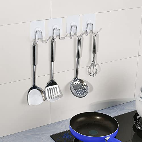 8 Pieces Adhesive Hooks Wall Hooks for Hanging,Heavy Duty Wall Hangers Without Nails,Double Hook Design Hooks for Bathroom Kitchen,Home.40 Lb(Max) (White)