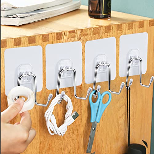 8 Pieces Adhesive Hooks Wall Hooks for Hanging,Heavy Duty Wall Hangers Without Nails,Double Hook Design Hooks for Bathroom Kitchen,Home.40 Lb(Max) (White)