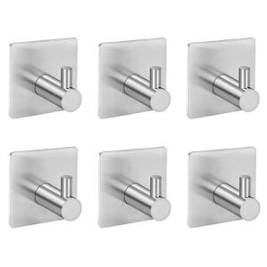 adhesive towel hooks, stainless steel shower hooks 6 piece brushed nickel robe hook holder for bathroom bedroom kitchen hotel cabinet