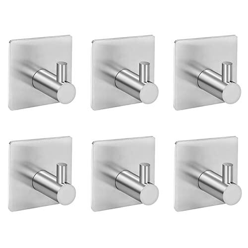 Adhesive Towel Hooks, Stainless Steel Shower Hooks 6 Piece Brushed Nickel Robe Hook Holder for Bathroom Bedroom Kitchen Hotel Cabinet