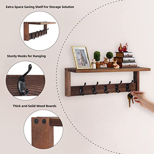 POZEAN Coat Rack Wall Mount with Shelf 2 Pack Coat Hooks for Wall with Shelf, Coat Rack with Wall Hooks for Coat Hanger Wall, Shelves for Wall Decor, Entryway, Mudroom, Bedroom, Bathroom, Kitchen