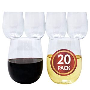 reli. (20 pack disposable wine glasses 12 oz | stemless plastic wine glasses for parties | wine cups | bpa-free, shatterproof plastic | clear drinking party cups for cocktails, whiskey, wedding