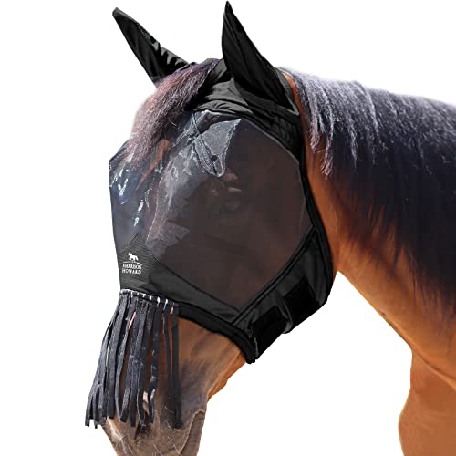 Harrison Howard CareMaster Horse Fly Mask with Ears and Nose Fringe Fly Protector Defender Mask Piano Black Full Size