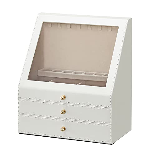 SONGMICS Jewelry Box with Slanted Glass Window, 3-Layer Jewelry Organizer, 2 Drawers, Jewelry Storage, Modern Style, Window Display, Cloud White UJBC163W01