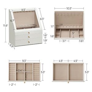 SONGMICS Jewelry Box with Slanted Glass Window, 3-Layer Jewelry Organizer, 2 Drawers, Jewelry Storage, Modern Style, Window Display, Cloud White UJBC163W01