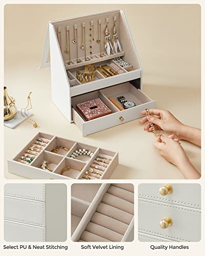 SONGMICS Jewelry Box with Slanted Glass Window, 3-Layer Jewelry Organizer, 2 Drawers, Jewelry Storage, Modern Style, Window Display, Cloud White UJBC163W01