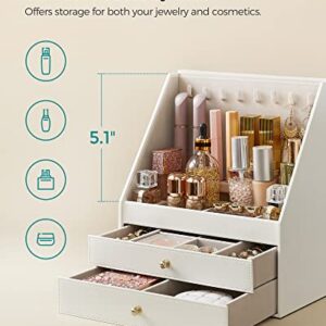 SONGMICS Jewelry Box with Slanted Glass Window, 3-Layer Jewelry Organizer, 2 Drawers, Jewelry Storage, Modern Style, Window Display, Cloud White UJBC163W01