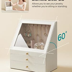 SONGMICS Jewelry Box with Slanted Glass Window, 3-Layer Jewelry Organizer, 2 Drawers, Jewelry Storage, Modern Style, Window Display, Cloud White UJBC163W01