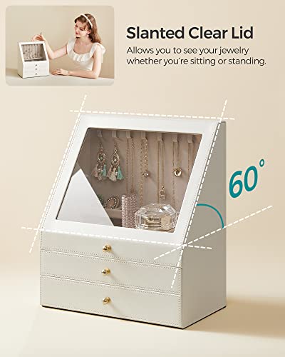 SONGMICS Jewelry Box with Slanted Glass Window, 3-Layer Jewelry Organizer, 2 Drawers, Jewelry Storage, Modern Style, Window Display, Cloud White UJBC163W01